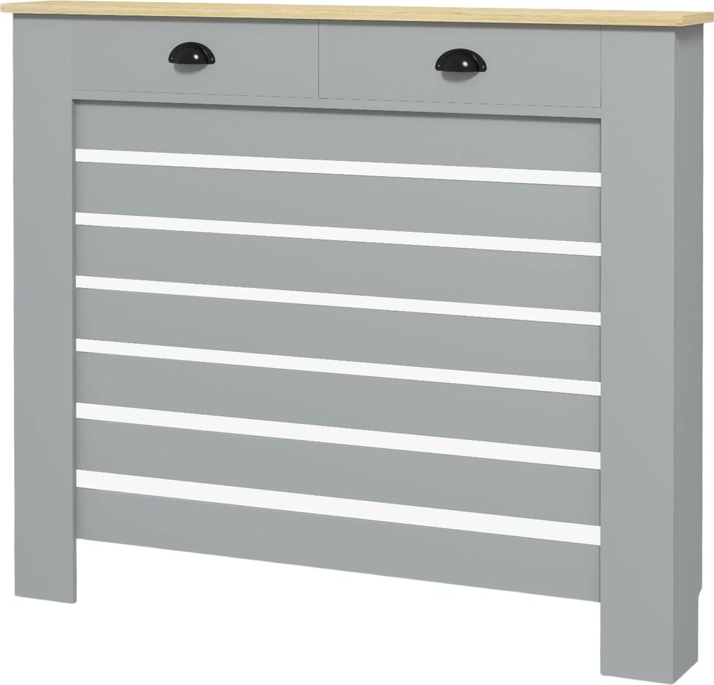 HOMCOM kryt radiátoru s lamelami z MDF, mřížkový kryt se 2 zásuvkami, 111x19x95,5 cm, šedý