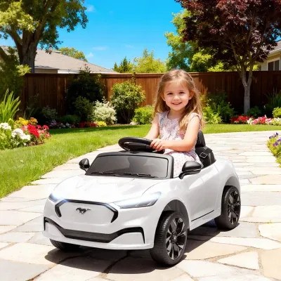 AIYAPLAY dětské elektrické auto Ford Mustang Mach-E, oficiálně licencované, 12 V, dálkové ovládání 2,4 G, 2 motory, 92x55x44 cm, bílé