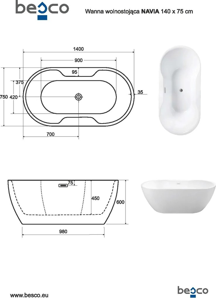 Besco Navia vana volně stojící 140 x 75 cm sifon grafit barva grafit VANNAVIA140GG3 Koupelny Bernold