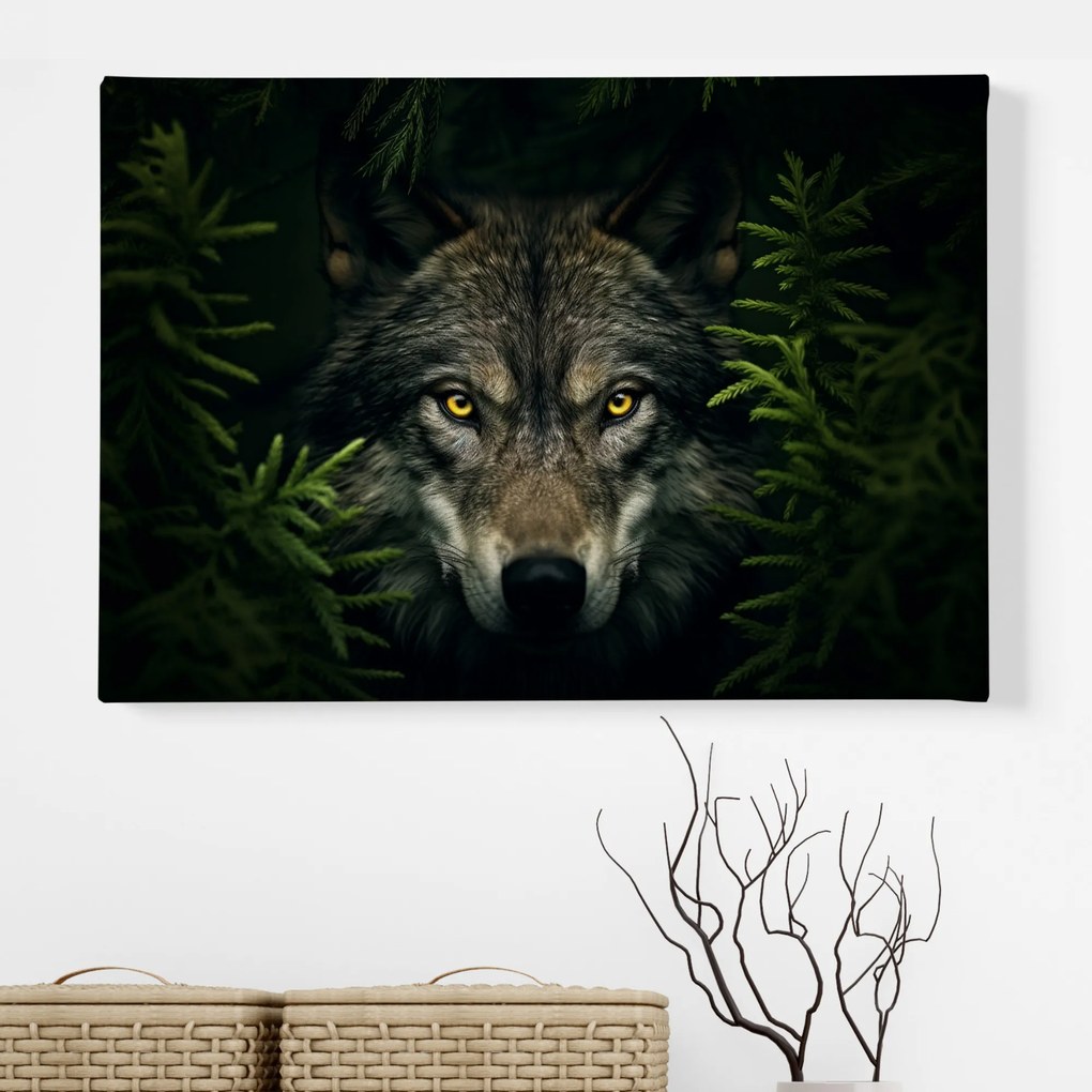 Obraz na plátně - Vlk skrytý mezi větvemi FeelHappy.cz Velikost obrazu: 120 x 80 cm