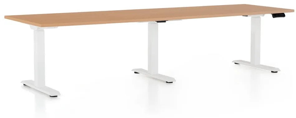 Výškově nastavitelný stůl OfficeTech Long, 260 x 80 cm, bílá podnož, buk