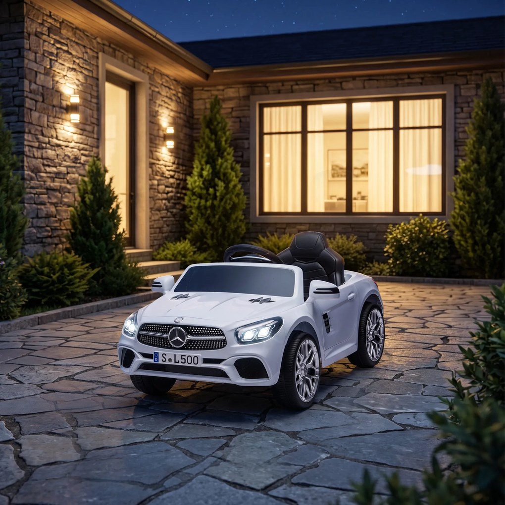 AIYAPLAY elektrické auto pro děti Mercedes-Benz SL500 12V s dálkovým ovládáním 2,4G, 2 motory, odpružení, jemný start, bílé