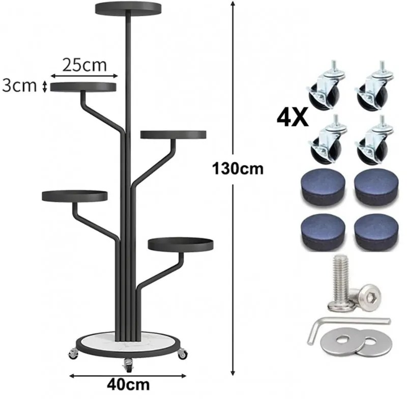 Flamenco Mystique Stojan na květiny, police, kulatý kovový stojan na květiny na kolečkách 130x40cm SZ38CZ