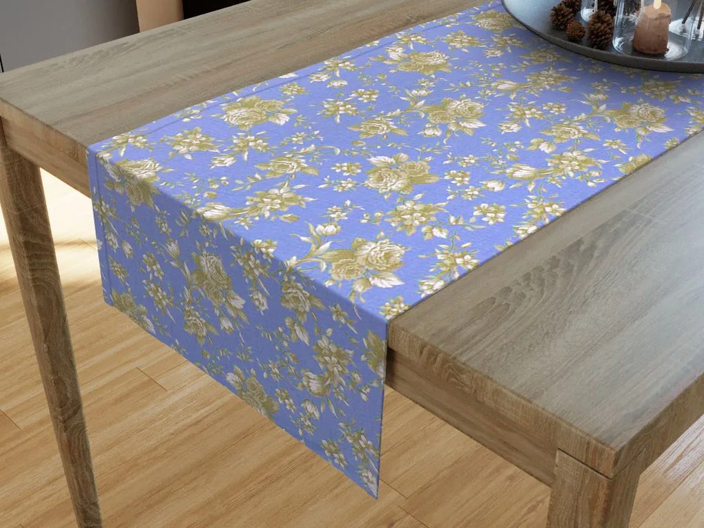 Goldea bavlněný běhoun na stůl mestral - vzor zlatavé květy na modrém 20x120 cm