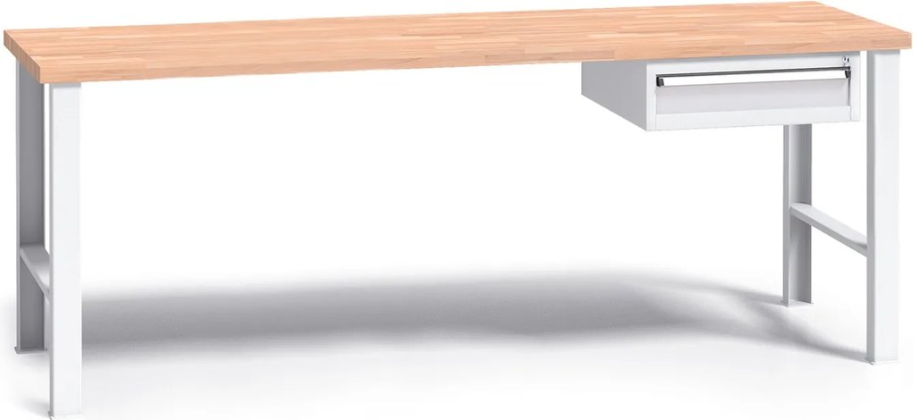 Pracovní stůl do dílny G3 se závěsným boxem na nářadí, buková spárovka, 1 zásuvka, pevné kovové nohy, 2000 mm, šedá