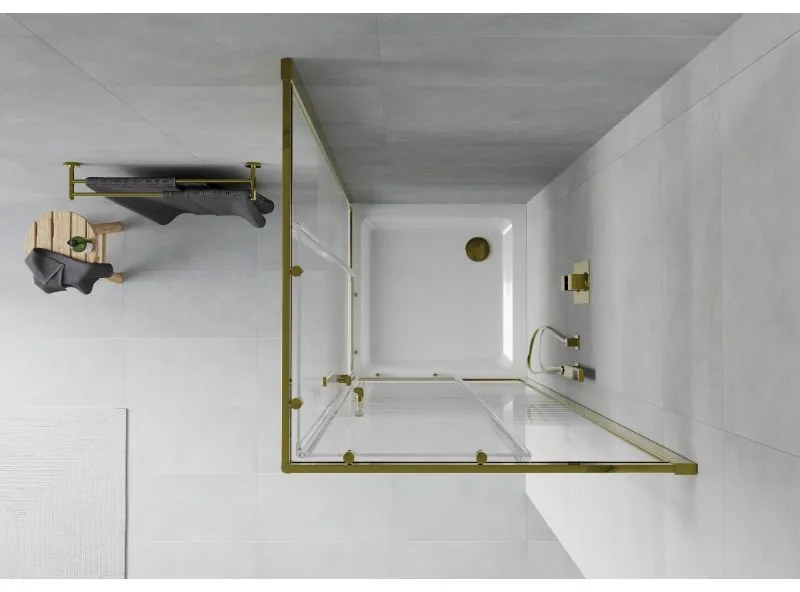 Mexen Rio čtvercový sprchový kout 90 x 90 cm, Pruhy, Zlatá + sprchová vanička Flat, Bílá - 860-090-090-50-20-4010G