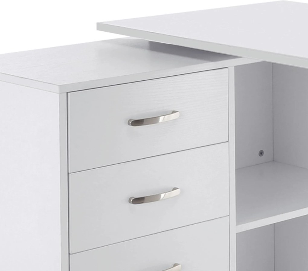 HOMCOM Bílý Moduární Rohový Rovný Stůl Jídelní Stůl 2 v 1 Počítačový Stůl 3 Šuplíky + 2 Polic MDF