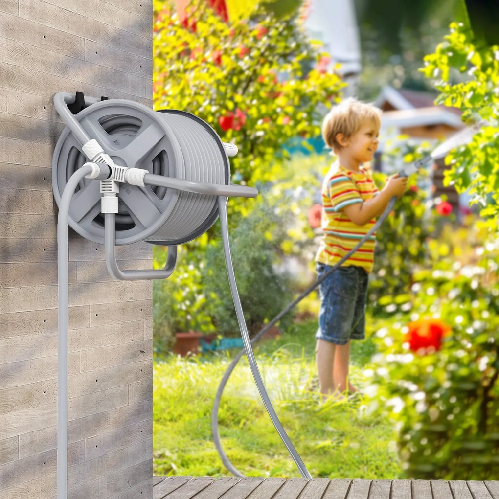 Zavlažovací buben Outsunny s 20m hadicí a 2m vstupem, nastavitelná dvoufázová trysky, nástěnný nebo samostatný
