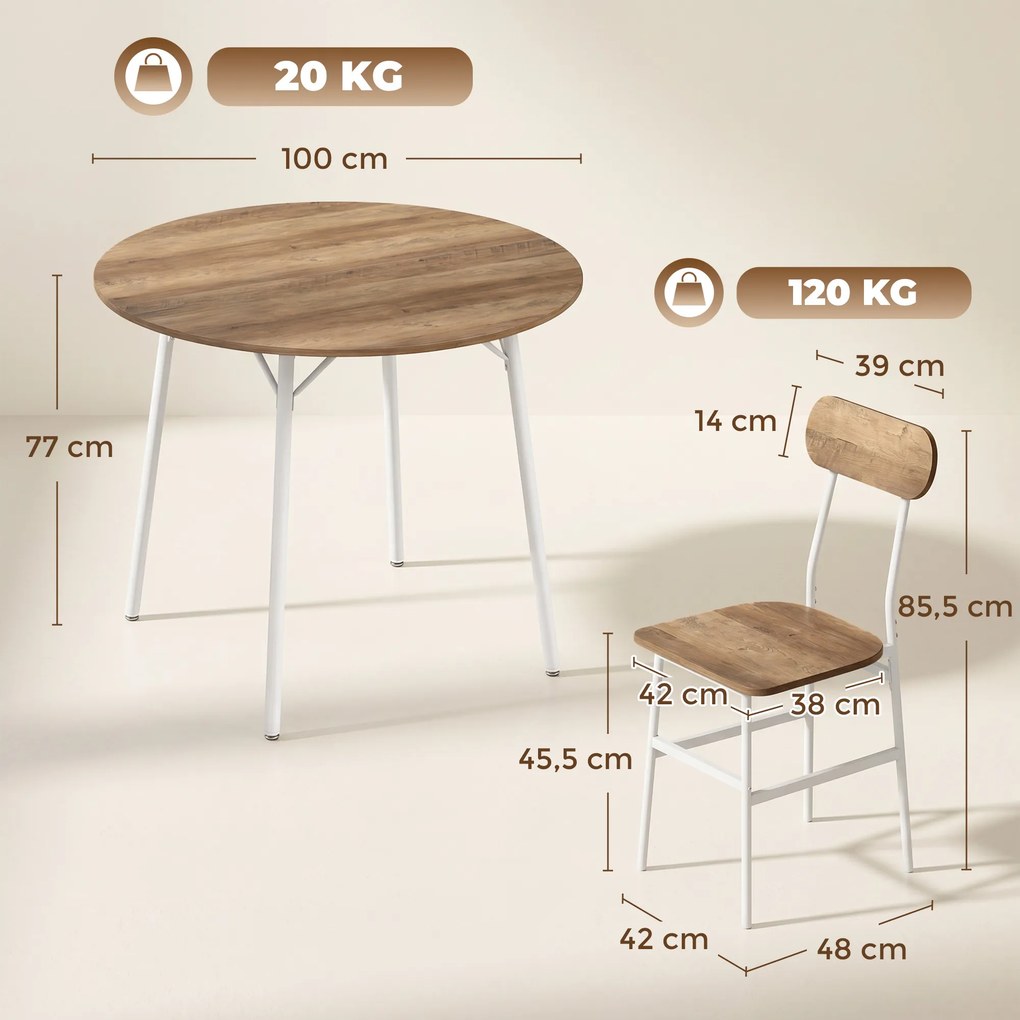 HOMCOM jídelní set se 4 židlemi, kuchyňský stůl se židlemi pro 4 osoby, kovová konstrukce, přírodní