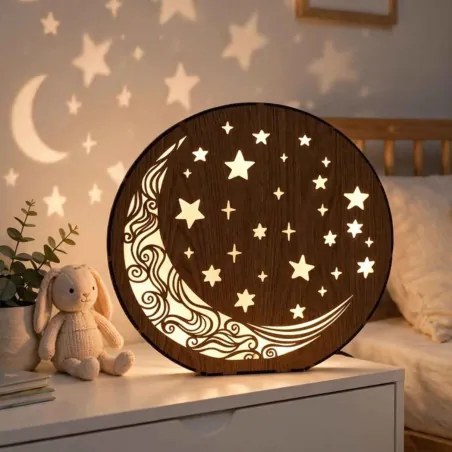 Dřevěná LED stolní lampa Měsíc a hvězdy – Noční lampa| SENTOP LED0612