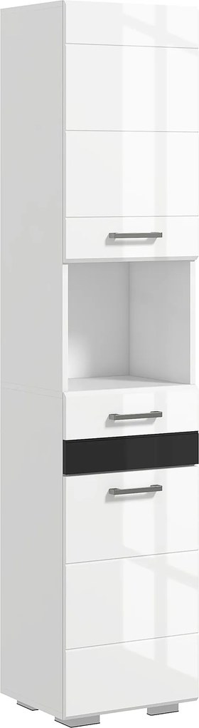 Kleankin sloupec pro úsporu místa do koupelny z MDF, koupelnová skříň s otevřenou policí, zásuvkou a uzavřenou skříňkou, 37x32,5x170 cm, leskle bílá |