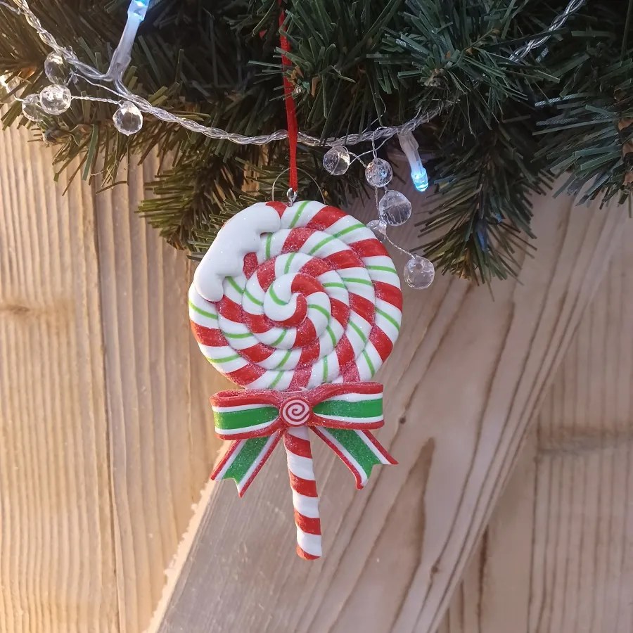 Vánoční ozdoba lízátko, 7 × 13 cm, k zavěšení, plast, červeno bílé, IP44 venkovní