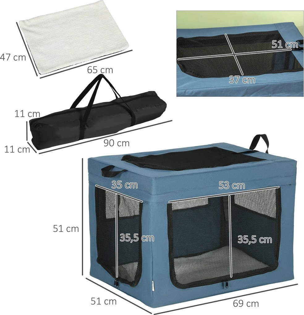 PawHut Skládací Batoh pro Zvířata s Horním Otevřením a Síťovinou - 69 x 51 cm - Modro Černý