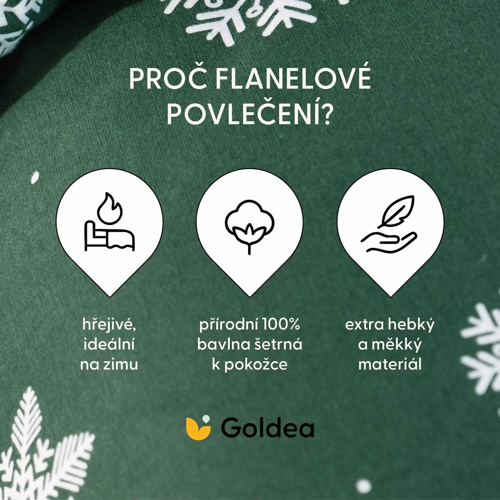 Goldea flanelové povlečení - sněhové vločky na zelené 140 x 220 a 70 x 90 cm