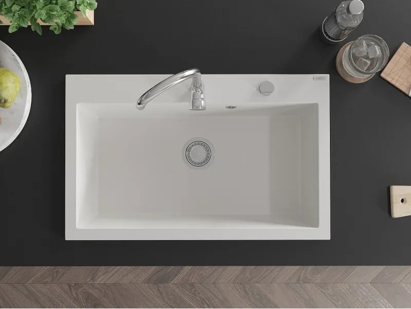 Mexen Elix granitový dřez 1-komorový 800 x 500 mm, bílý, sifon chrom - 6527801005-20