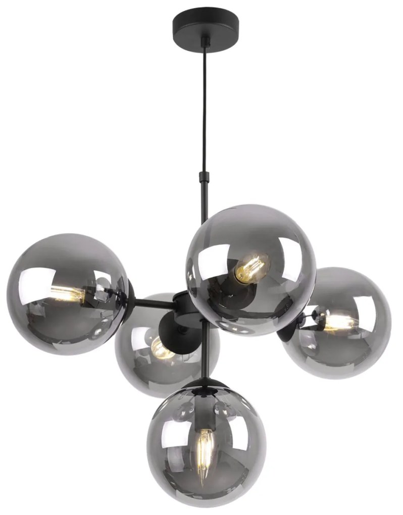 Light for home - Elegantní závěsné svítidlo s variabilní délkou a pěti transparentními stínidly "IMPERIA", 5x40W, E14, Černá