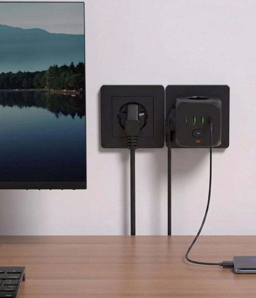 Toolight Toolight, JNH019, zásuvková kostka 7v1, 3 zásuvky + 2× USB-A + 2× USB-C, černá, OSW-56304