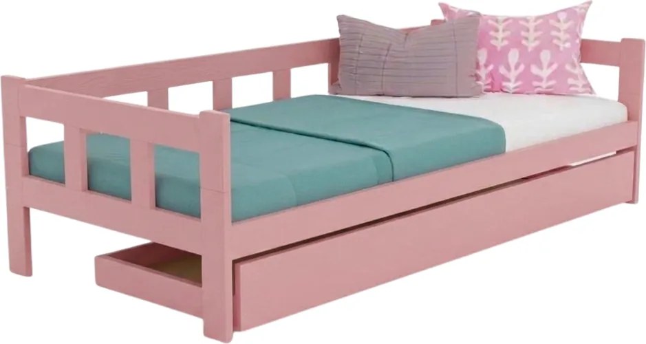 Benlemi Dřevěná jednolůžková postel FENCE 4v1 se zábranou a úložným šuplíkem Zvolte barvu: Pastelově růžová, Zvolte rozměr: 120x200 cm, Zvolte zábranu: S jednou zábranou vpravo