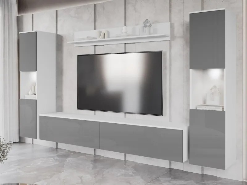 Obývací stěna Bamisio XL, Barva: bílá + šedý lesk, Osvětlení: osvětlení LED - bílé