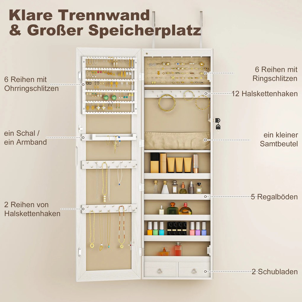 HOMCOM Šperkovnice se zrcadlem LED Zrcadlová skříňka Nástěnná / dveřní montáž MDF