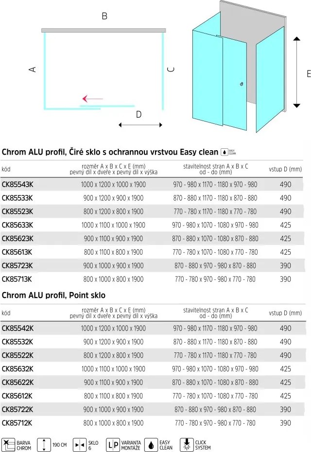 Mereo Mereo, Sprchový kout, Lima, obdélník, pev.díl x zasunovací dveře x pev.díl, chrom ALU, sklo Point, CK85612K