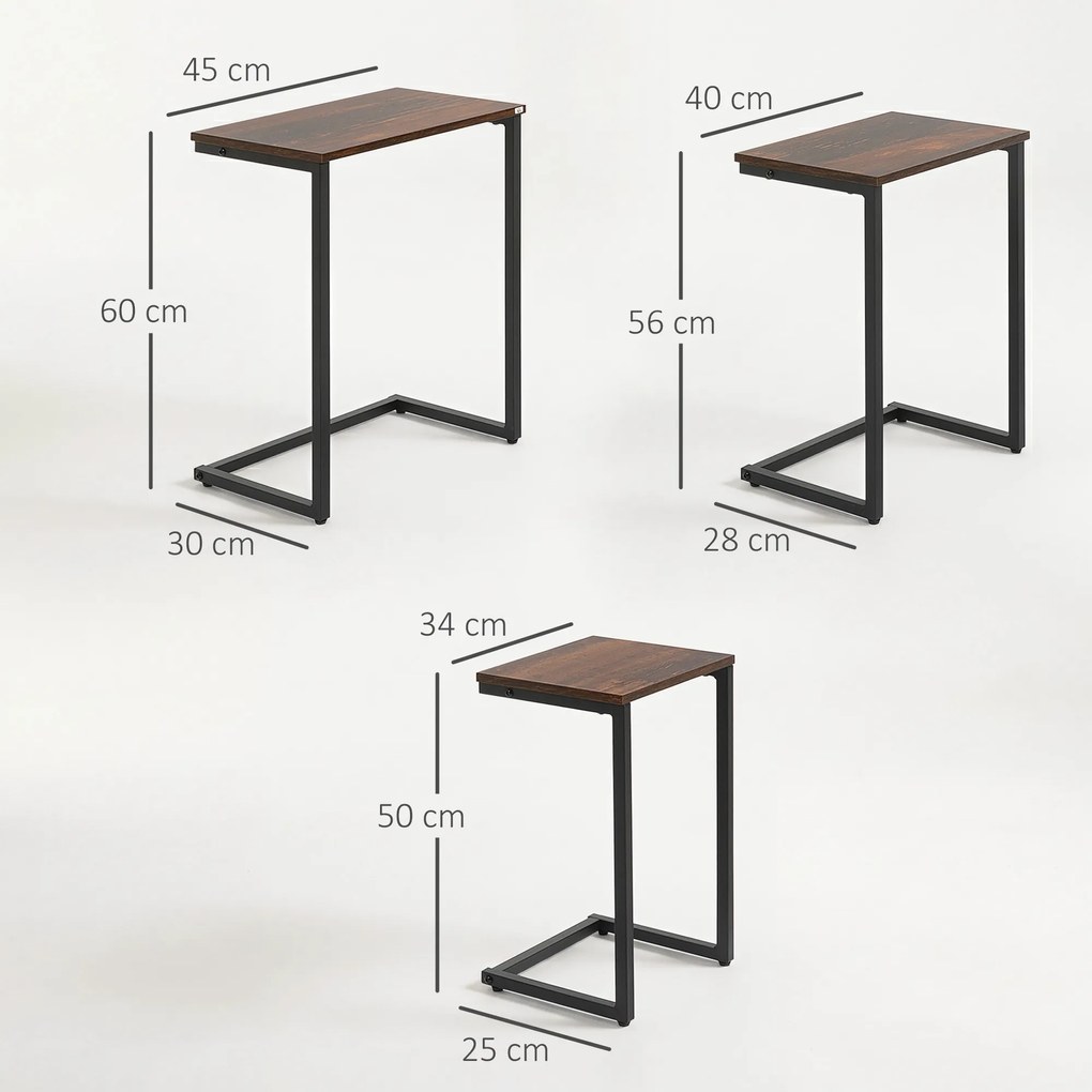 HOMCOM Sada 3 odkládacích stolků ve tvaru C v industriálním designu, prostorově úsporné, s ocelovým rámem, rustikálně hnědé do obývacího pokoje | Aos…