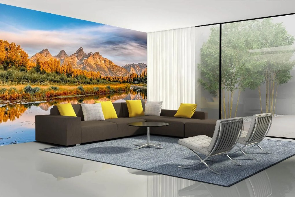 DIMEX | Vliesová fototapeta Národní park Grand Teton MS-5-3038 | 375 x 250 cm | zelená, modrá, bílá, žlutá