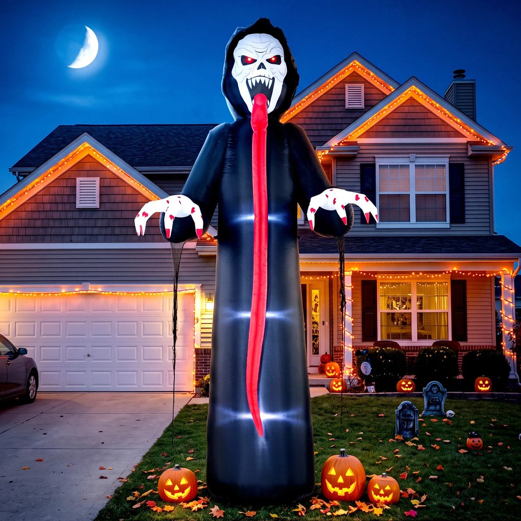 Outsunny Nafukovací Halloween kostlivec, 310 cm, s integrovanými LED světly, strašidelná dekorace pro vnitřní i venkovní použití