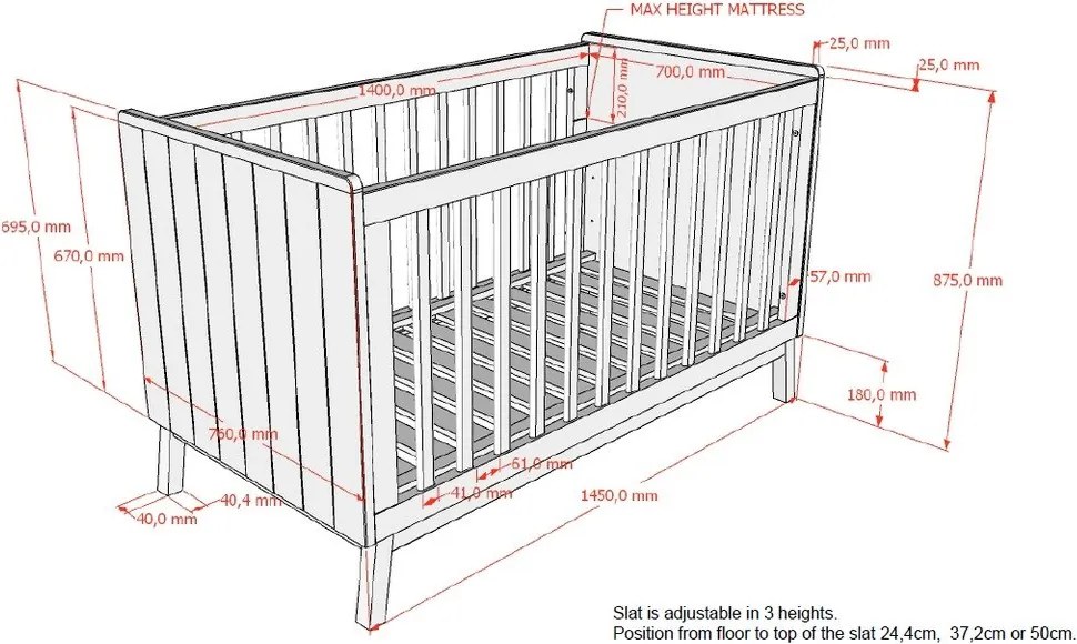 Béžová postýlka z borovicového dřeva s odnímatelným bokem/s nastavitelnou výškou 70x140 cm Sezane – Vipack