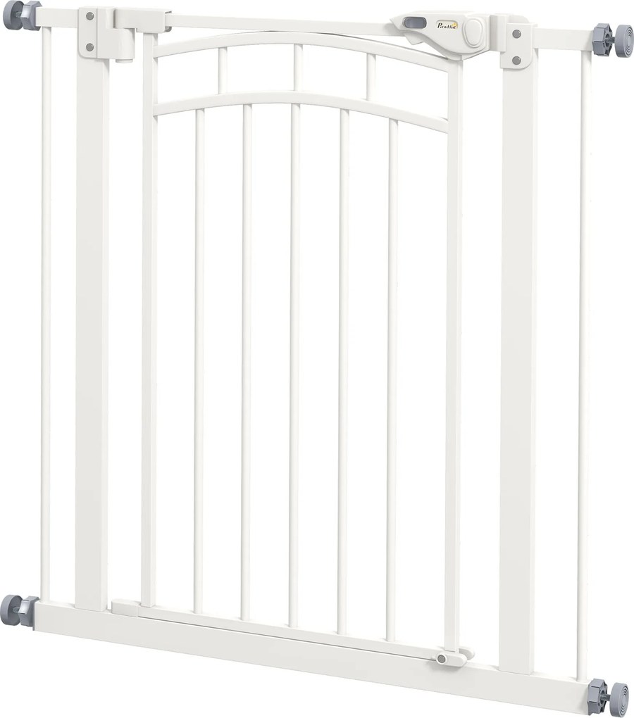 PawHut Rozšiřitelná bezpečnostní brána pro psy 74-80 cm, dvojité zamykání, automatické zavírání, tlaková montáž pro schody, výška 76 cm, bílá