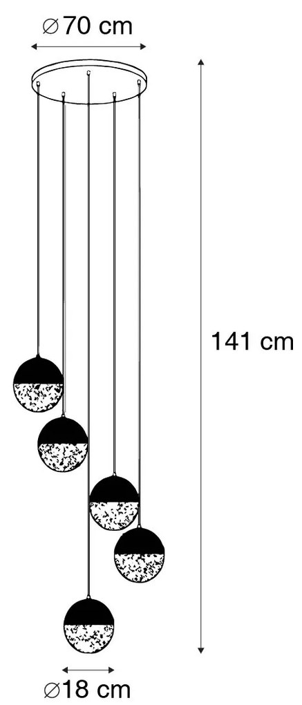 Průmyslové závěsné svítidlo černé s mosazí 5 světel - Haicha