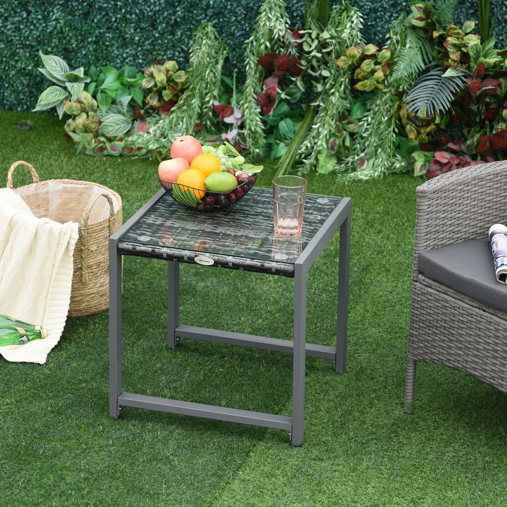 Zahradní stolek Outsunny® s tvrzeným sklem, polyratanem a hliníkem, odolný proti povětrnostním vlivům a moderní pro zahradu, balkon, terasu | Aosom.de