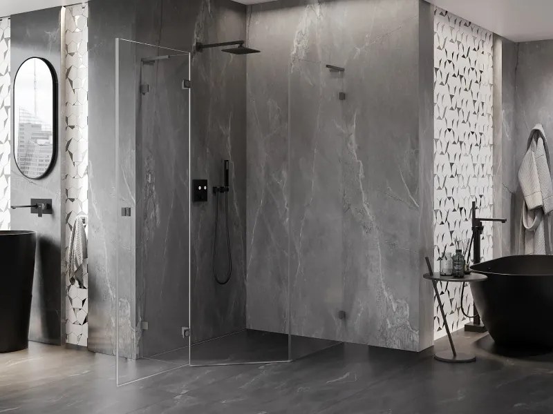 Mexen Lunar, L pětiúhelníkový sprchový kout naklápěcí doleva 80 x 100 cm, 8mm čiré sklo, grafitový profil, 831L-080L-100P-95-00-L