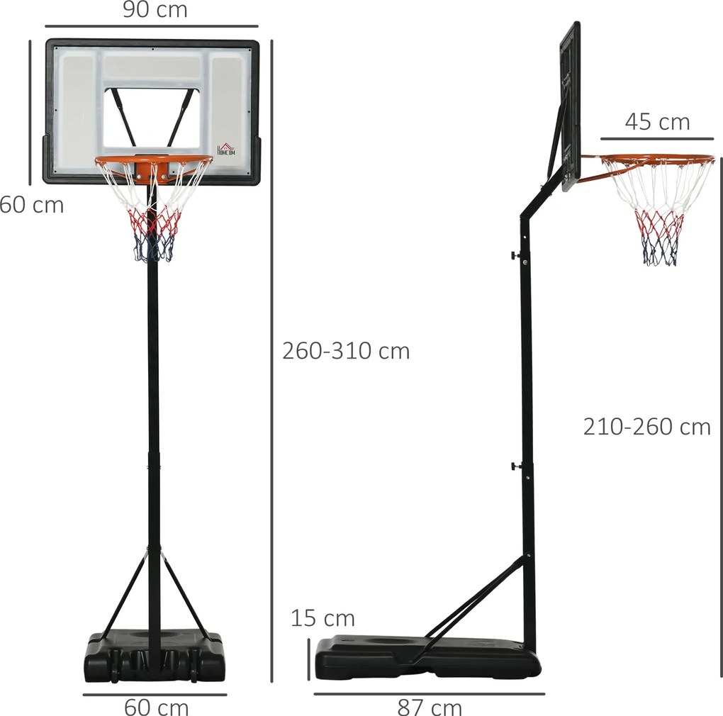 Basketbalový koš HOMCOM s nastavitelnou výškou 260-310 cm a funkcí rolování, stabilní stojan pro zahradu a sportoviště | Aosom.de