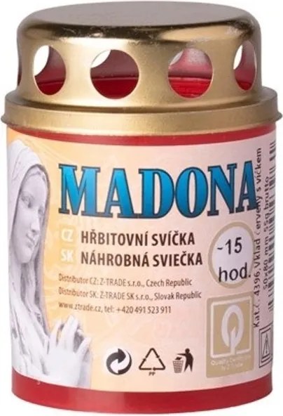 Hřbitovní svíčka Madona s plechovým víčkem, červená, 55 g