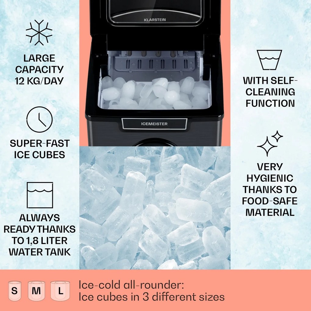Klarstein Icemeister 2G, výrobník ledu, 12 kg/24 h, LCD displej, nerezová ocel