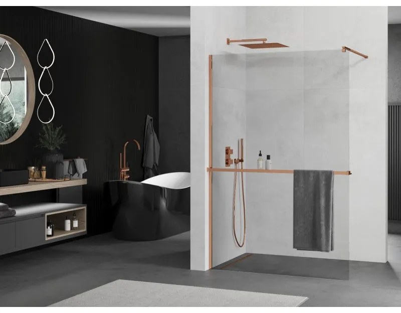 Mexen Kioto, sprchová zástěna Walk-in s poličkou a věšákem 95 x 200 cm, 8mm čiré sklo, profil růžové zlato, 800-095-121-60-00