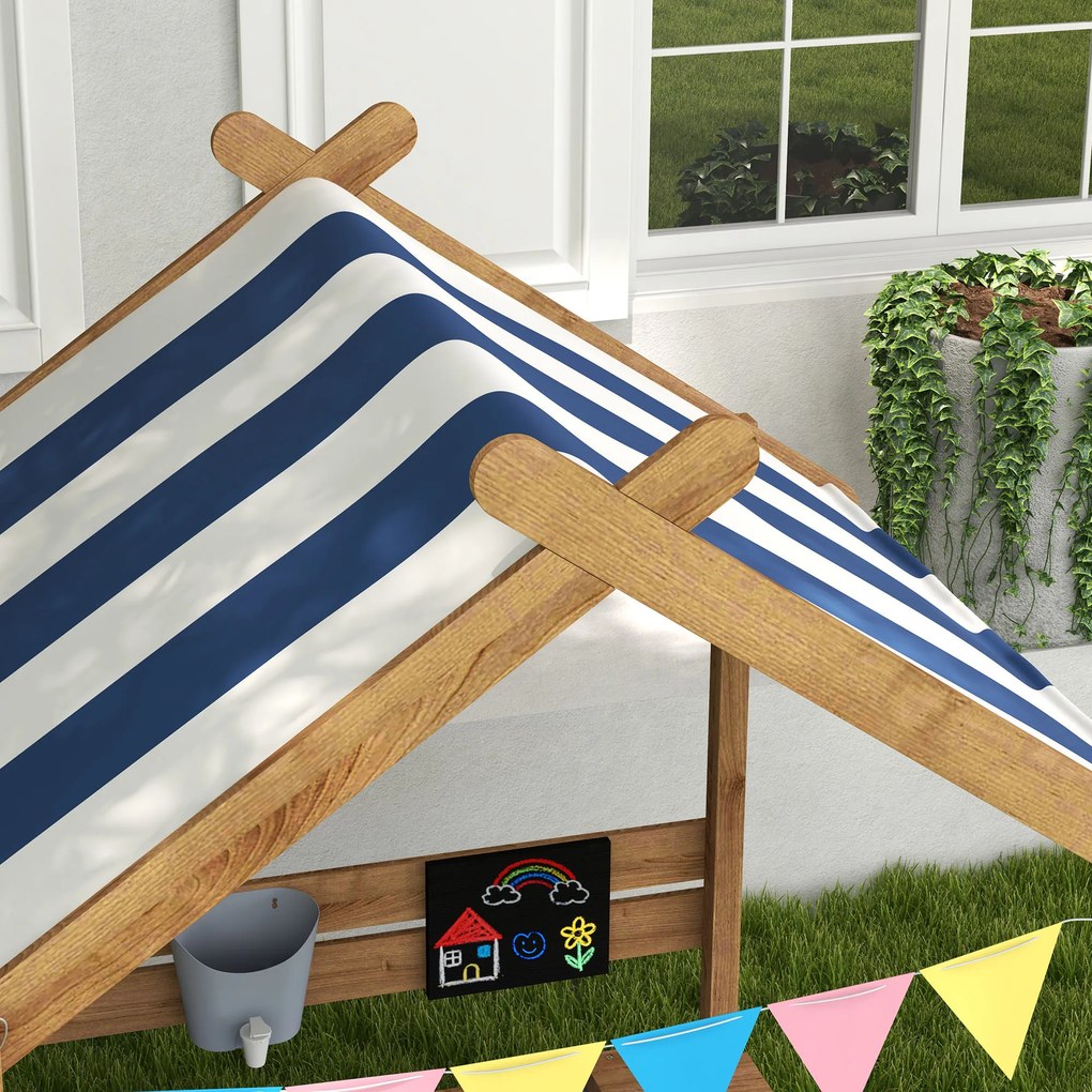 Pískoviště s ochranou proti slunečnímu záření, design domečku na hraní, se sadou hraček, opracované masivní dřevo, 124 x 116 x 146 cm, hnědá barva