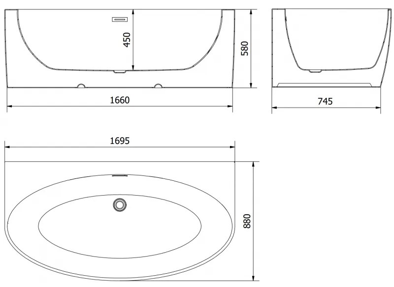 Mexen Bruna, volně stojící vana ke stěně 170 x 88 cm, bílá lesklá, broušený grafit, 52731708800-66