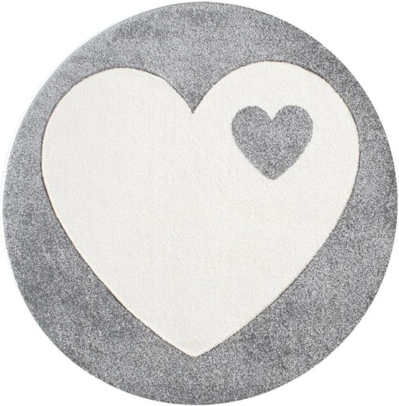 Forclaire Dětský kulatý koberec srdíčko stříbrnošedý - bílý