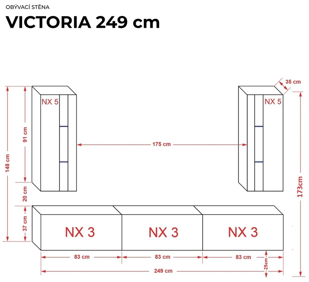 Ral Obývací stěna VICTORIA 249 cm - Bílý lesk