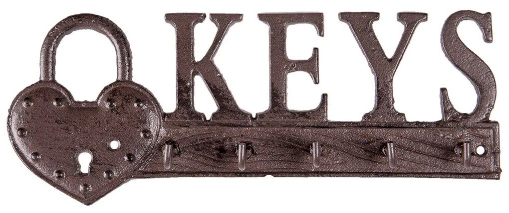 Hnědo černý litinový háček na klíče Keys - 26*3*10 cm