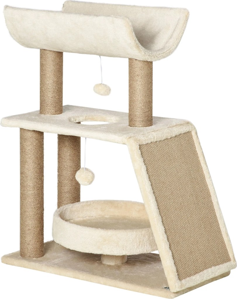 PawHut Kočičí Strom 76 cm s 2 Hračkami, Sisalovými Sloupky, Postelí a Škrabací Deskou, Víceúrovňový Kočičí Škrabací Strom pro Středně Velké Kočky, Svě