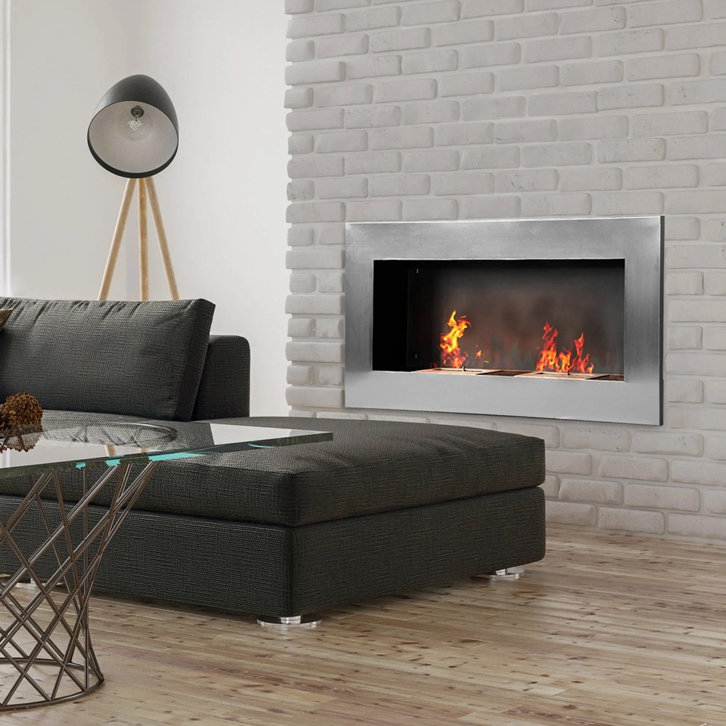 HOMCOM Nástěnný Vestavěný Bioetanolový Krb s 2 x 0,9 l Hořákem, přibližně 3 hodiny doby hoření 110L x 14W x 54H cm pro plochu 25-30 m² z Nerezové Ocel