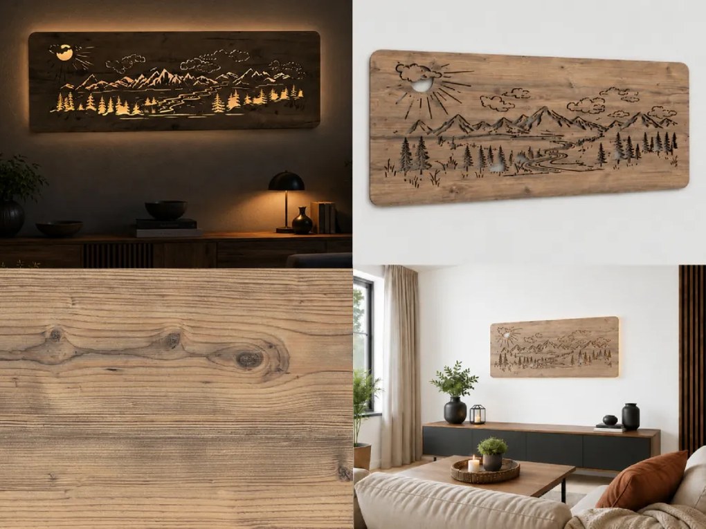 Li-Go "Hory, les" světelný obraz s baterií a pohybovým čidlem 120x40cm provedení povrchu: jedle