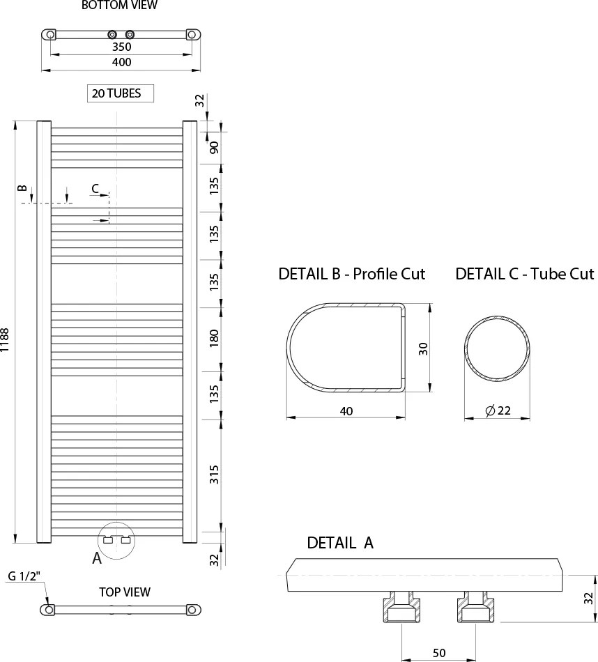 Aqualine ALYA otopné těleso rovné 400 x 1188 mm středové připojení 300 W chrom LLS308