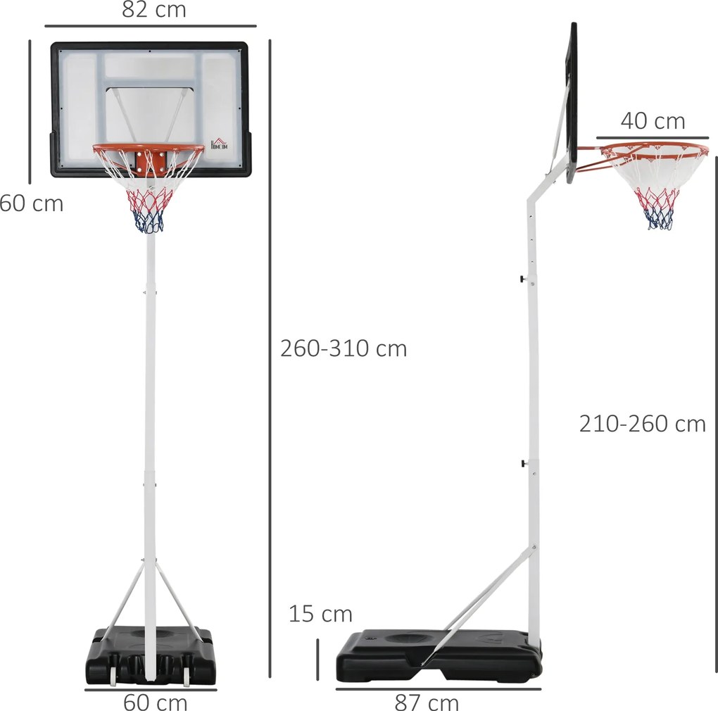 HOMCOM Basketbalový koš pro dospělé s nastavitelnou PVC tabulí 90x60x260-310cm a integrovanými kolečky Bílý
