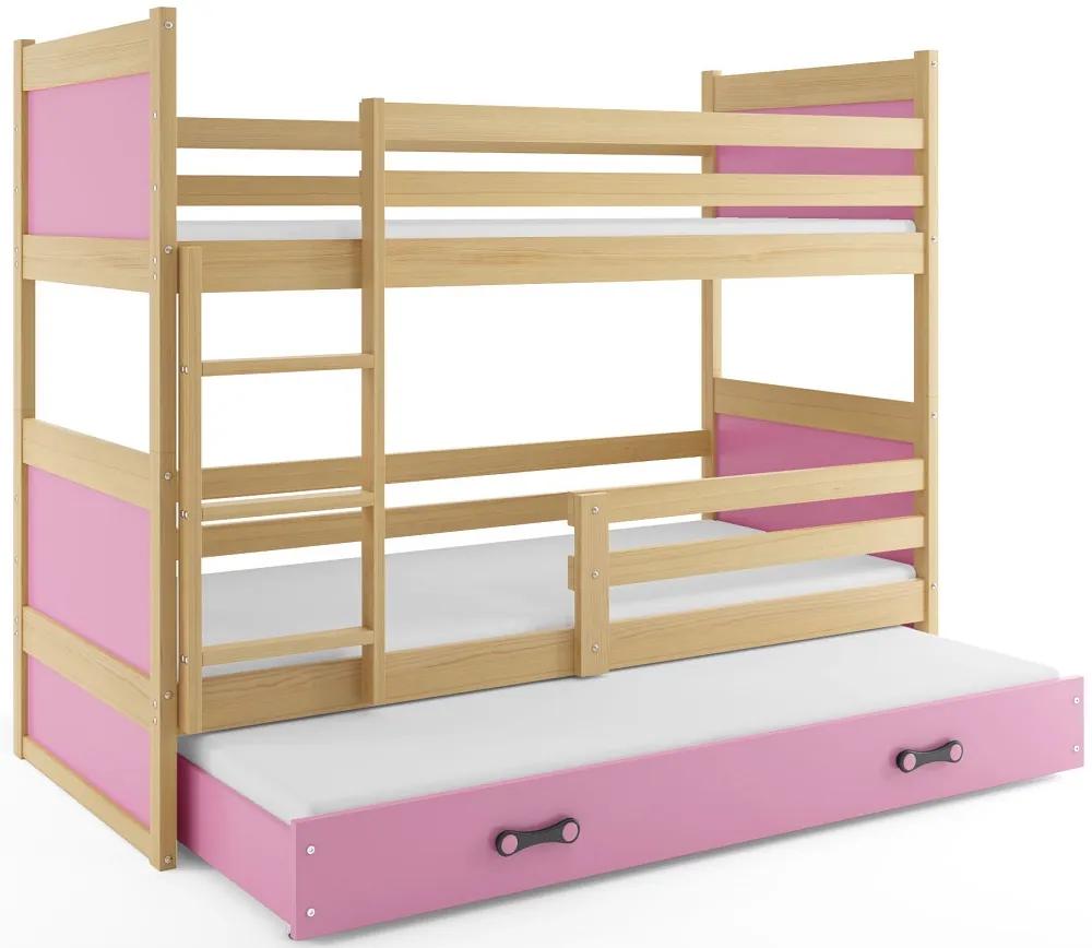 BMS Group Dětská patrová postel s přistýlkou RICO borovice Velikost postele: 200x90 cm, Barva šuplíku: Modrá