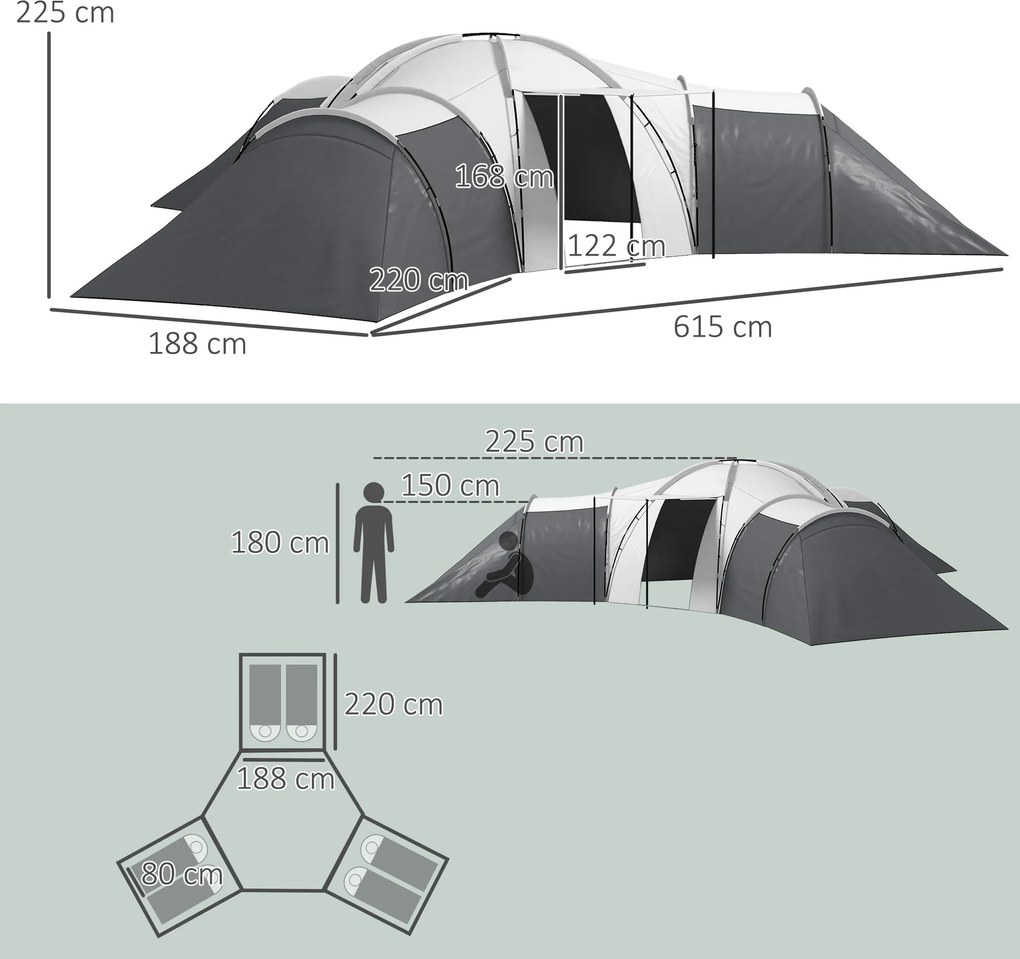 Outsunny tunelový stan kempinkový stan pro 6-9 osob se 3 ložnicemi, obývacím pokojem a verandou, 2000 mm vodní sloupec, šedý | Aosom.de