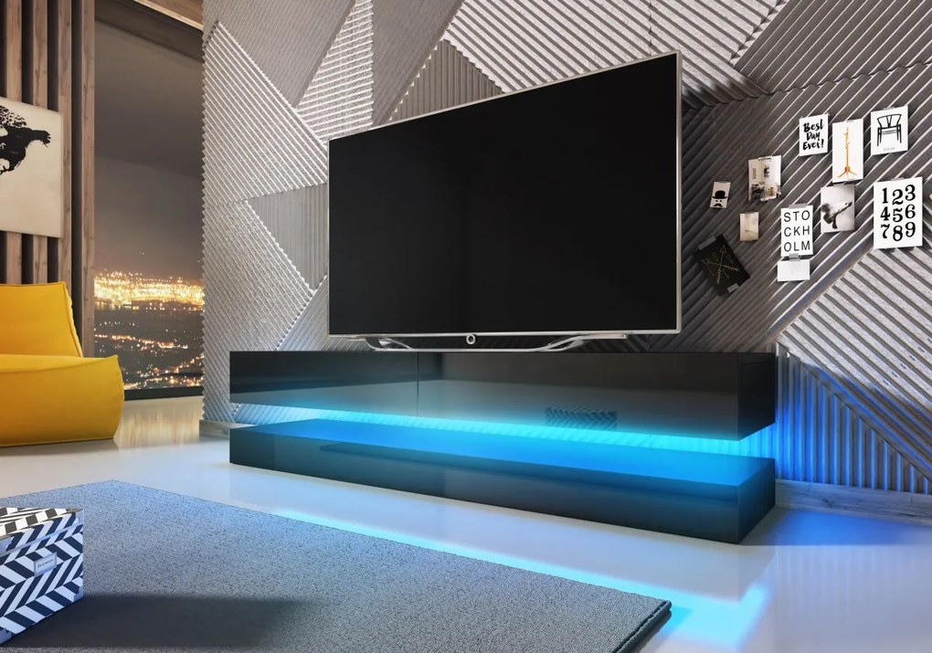 TV stolek Fly s LED osvětlením 140 cm černý mat/černý lesk